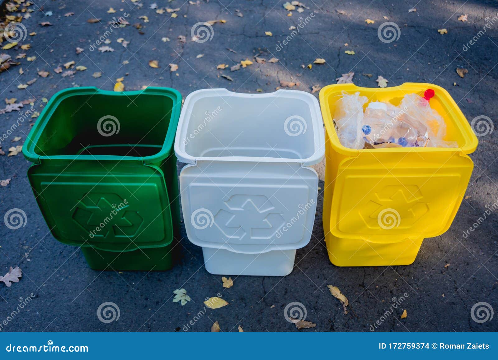 Three Trash Containers in Different Color, for Sorted Waste. Stock ...