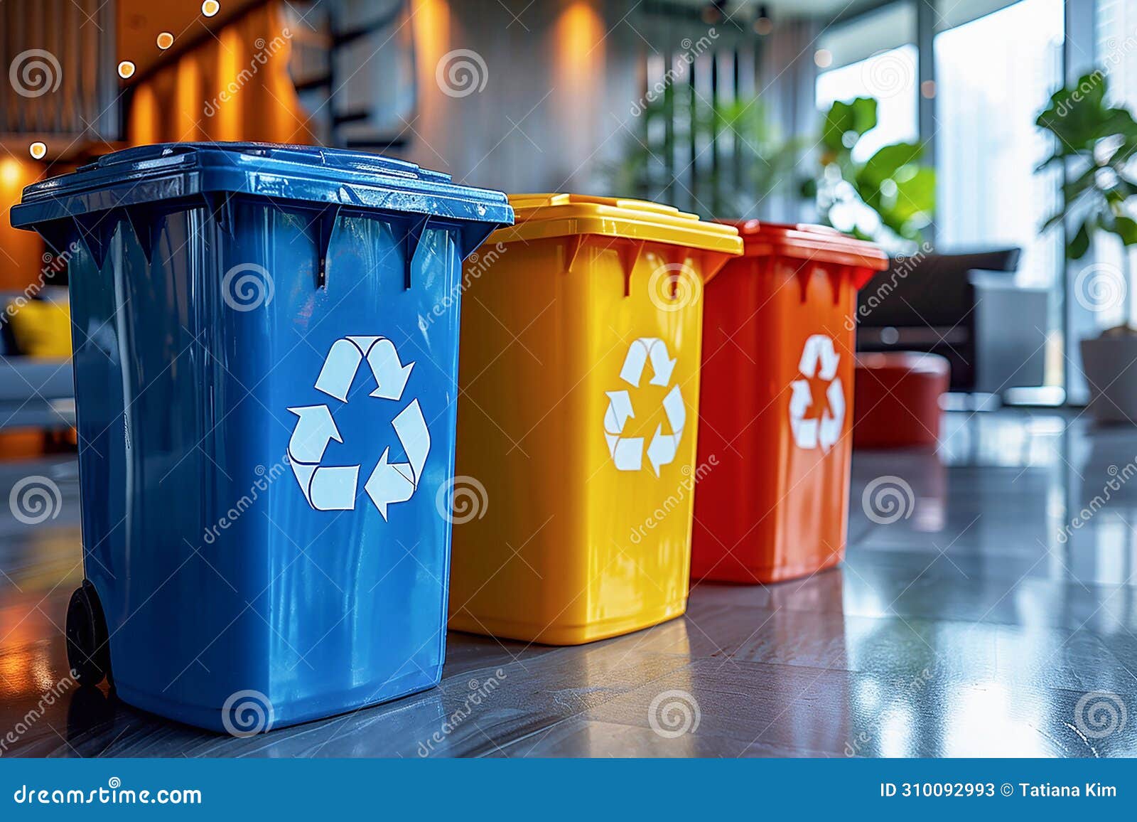 Three Trash Containers with Garbage Recycling Sign in Office, Side View ...