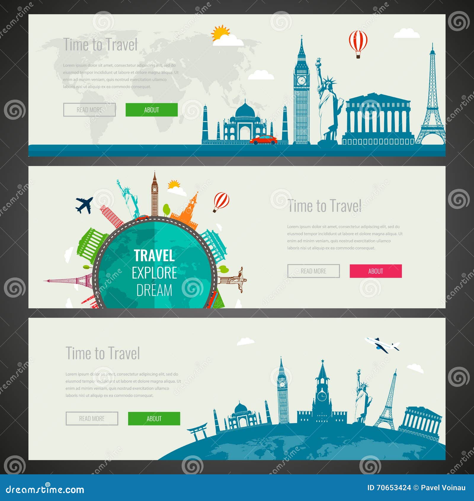 Three Travel and Tourism Headers, Banners with Famous Landmarks. Vector ...