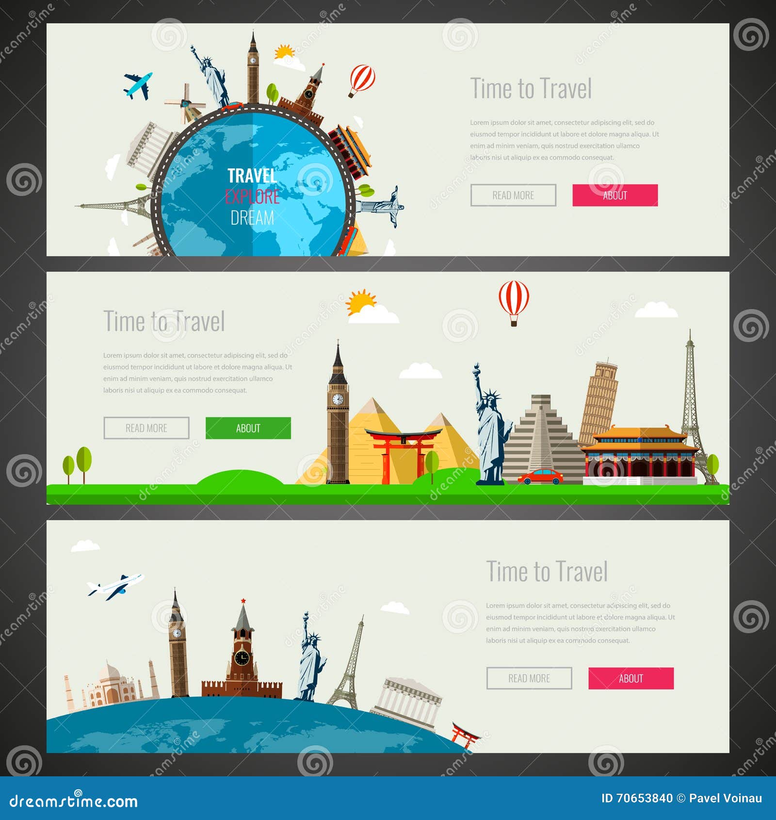 Three Travel and Tourism Headers, Banners with Famous Landmarks. Vector ...
