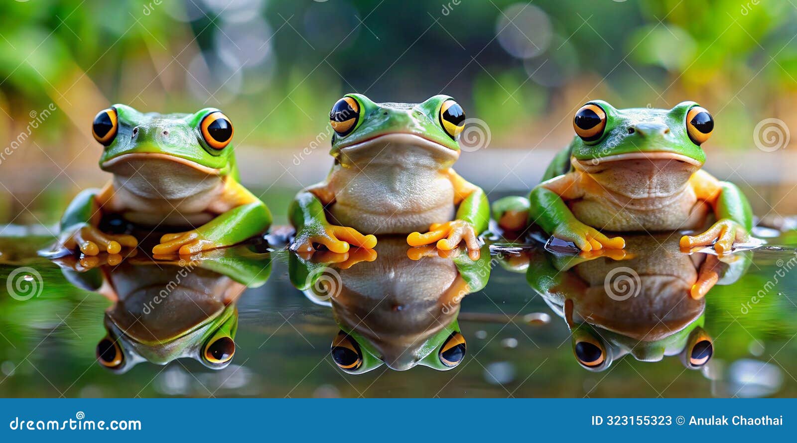 Three Tree Frogs Sitting in a Puddle Looking in Different Directions ...