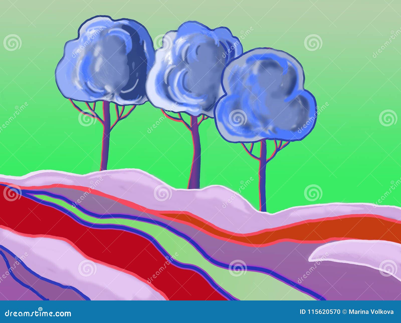 Three Trees on Colorful Hills. Stock Illustration - Illustration of ...