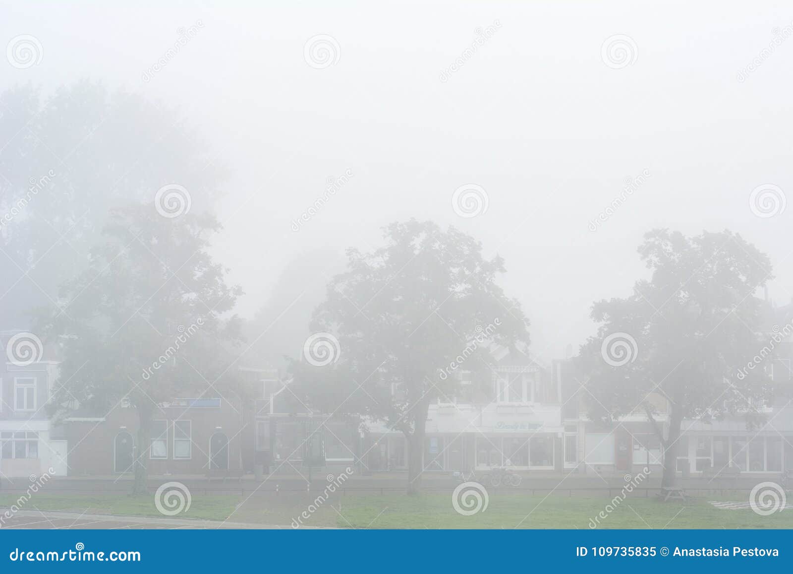 Three Trees with Several European Houses in Mist Stock Image - Image of ...