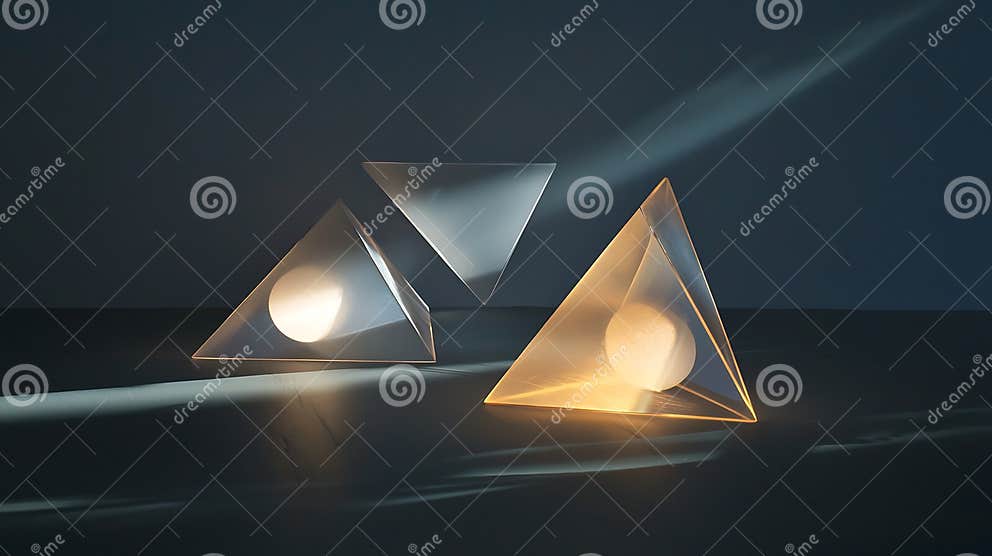 Three Triangular Glass Sculptures with a Light Bulb Inside Stock Image ...