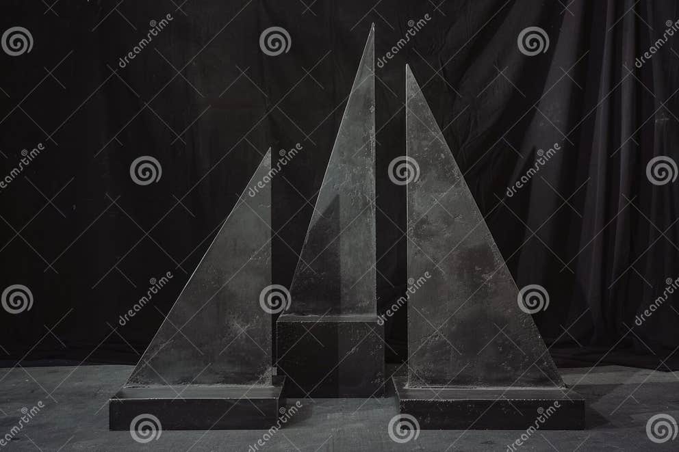 Three Triangular Steel Sculptures Stand on a Dark, Minimalist ...