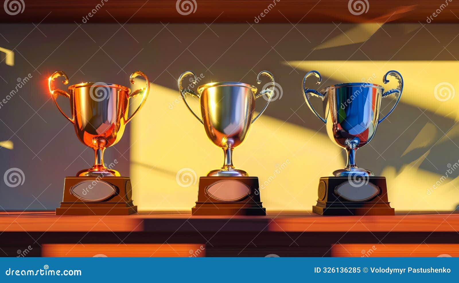 Three Trophies on a Shelf with Shadows Stock Image - Image of table ...