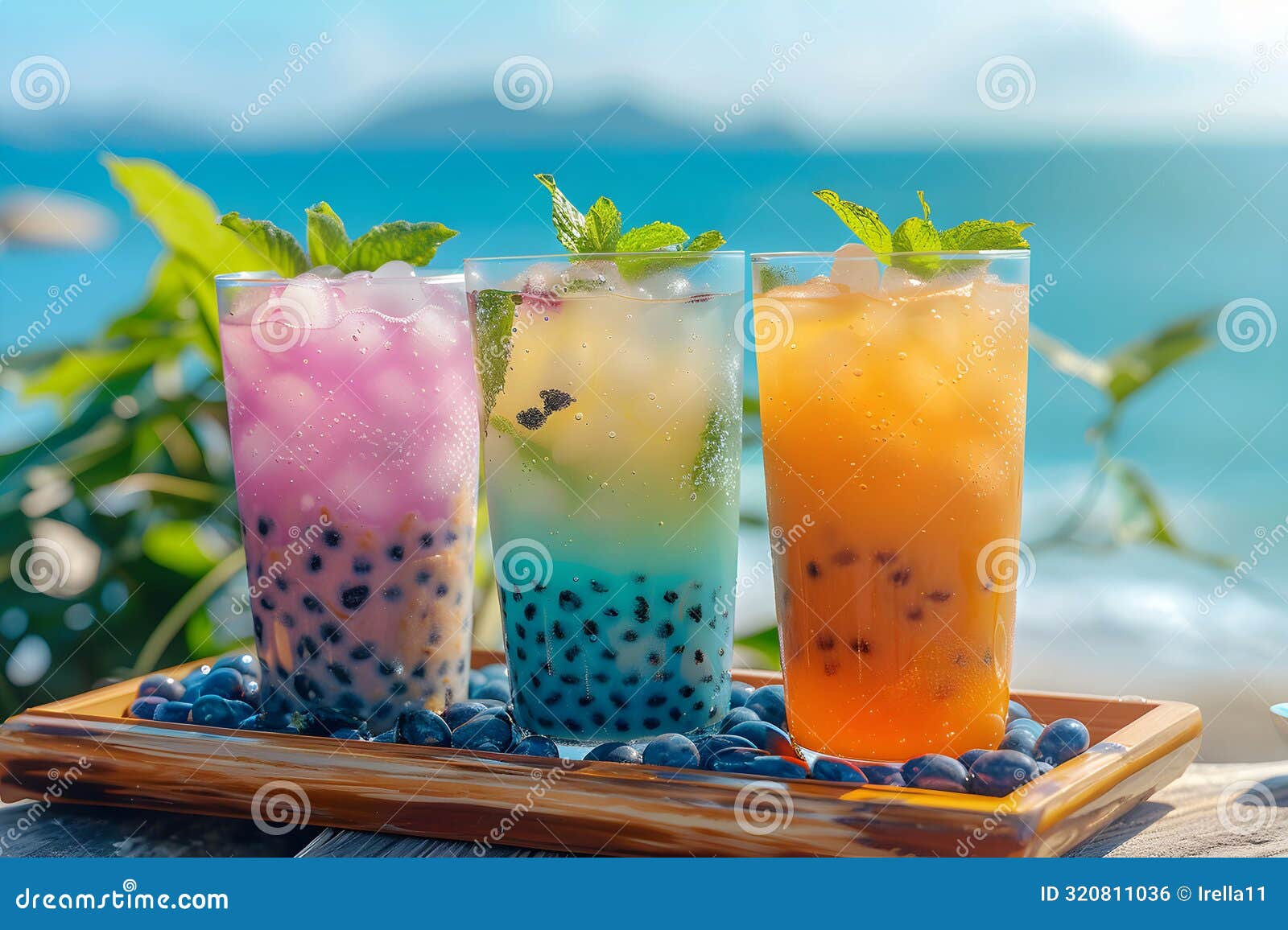 Three Tropical Cocktails with Bubble Tea. Fresh Drinks Against the ...