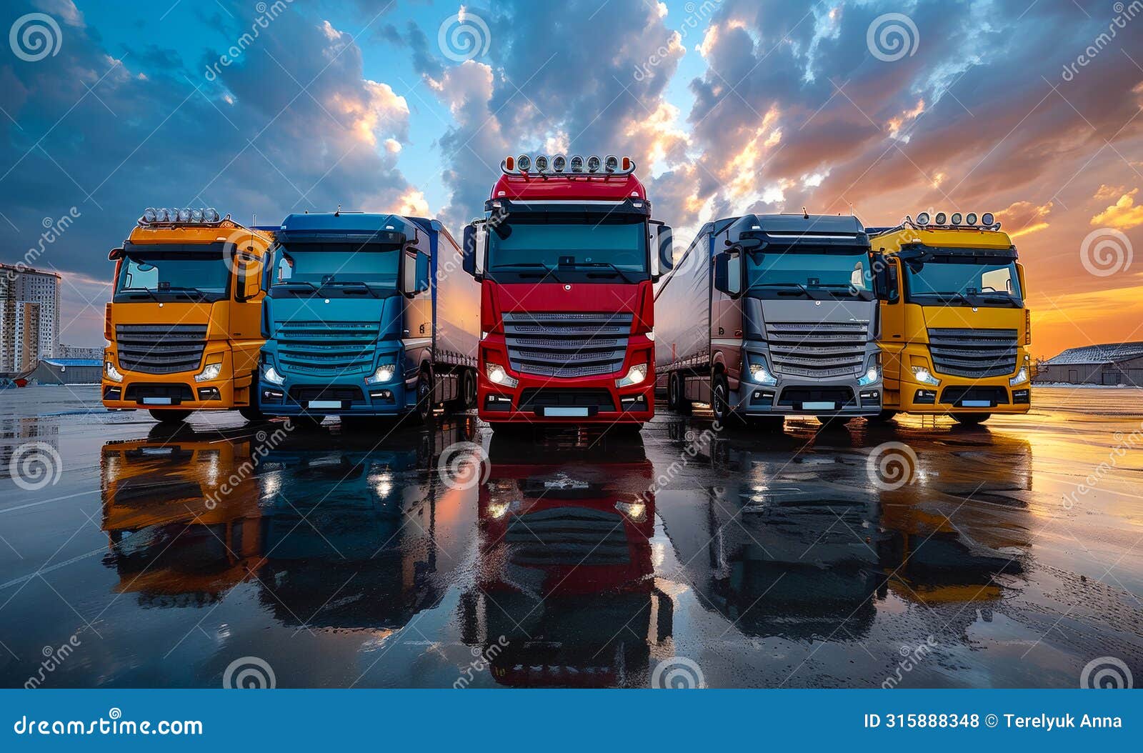 Three Trucks are Parked in Row in the Parking Lot at Sunset Stock Photo ...