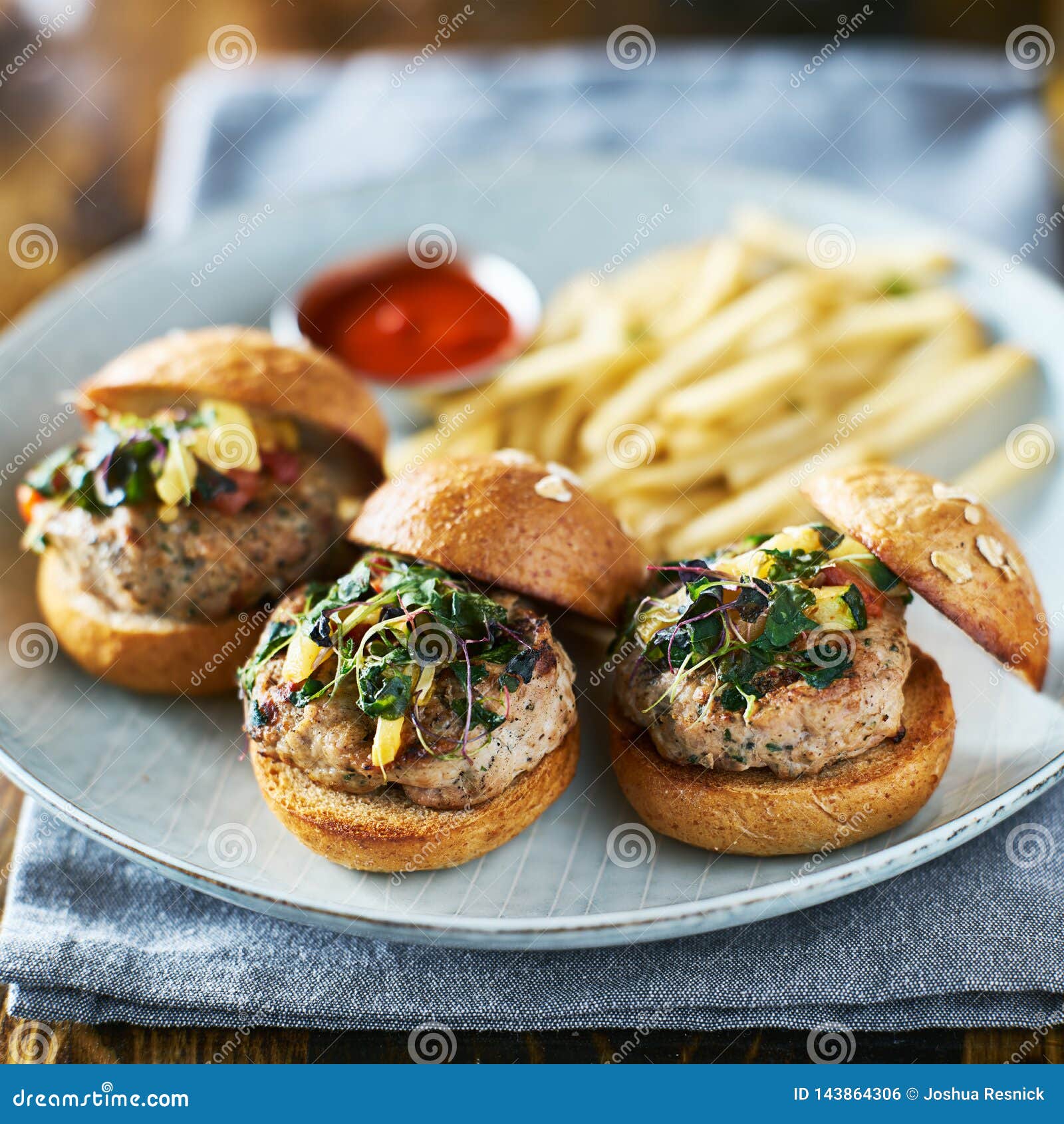 Three Turkey Burger Sliders with Fries on Plate Stock Photo - Image of ...