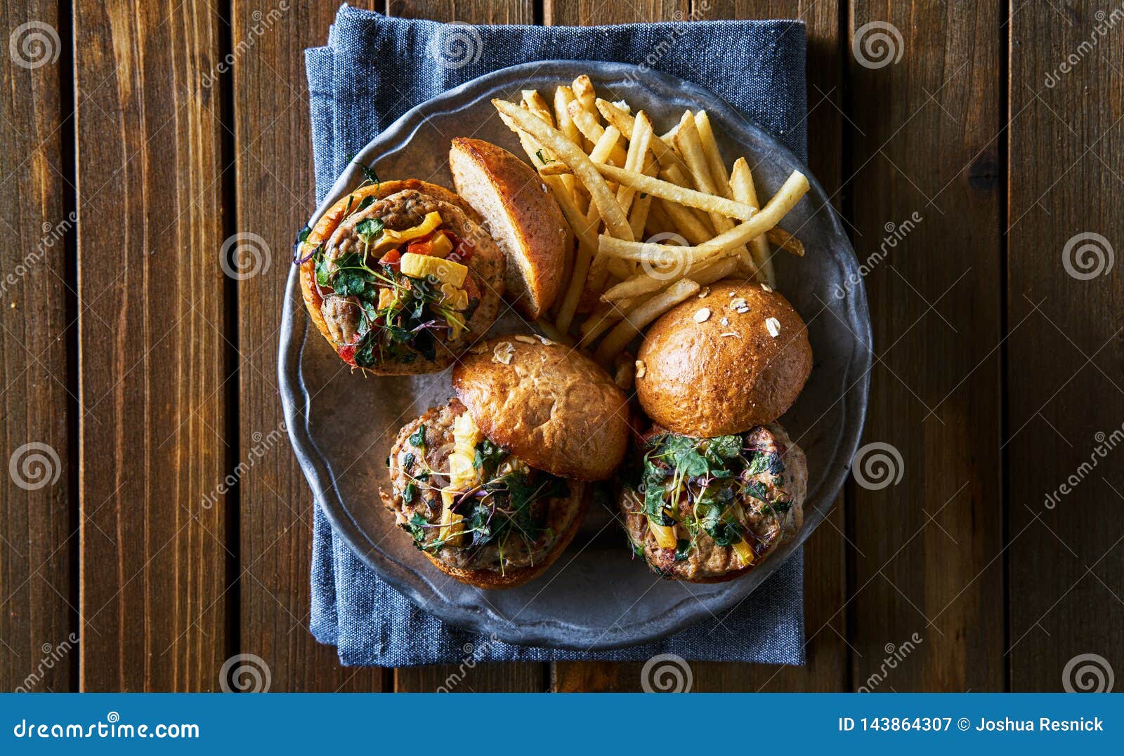 Three Turkey Burger Sliders with Fries Stock Image - Image of rustic ...