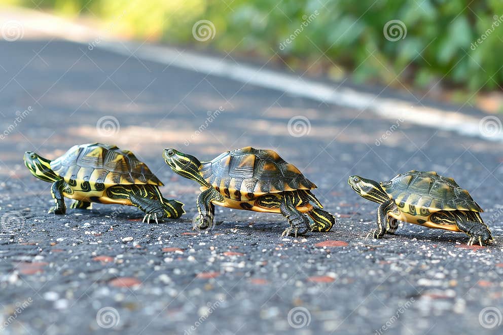 Three Turtles Racing on Asphalt Road. Stock Image - Image of movement ...