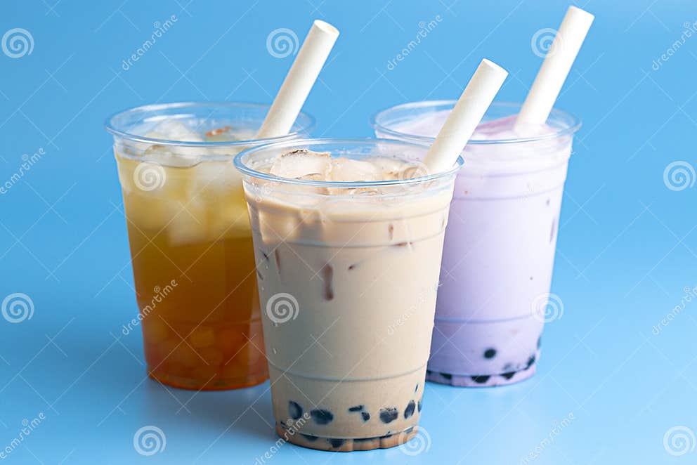 Three Different Types of Boba Tea on a Bright Blue Background Stock ...