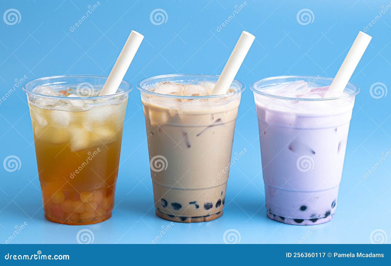 Three Different Types of Boba Tea on a Bright Blue Background Stock ... Three Different Types of Boba Tea on a Bright Blue Background Stock ...