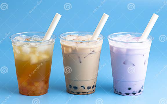 Three Different Types of Boba Tea on a Bright Blue Background Stock ...