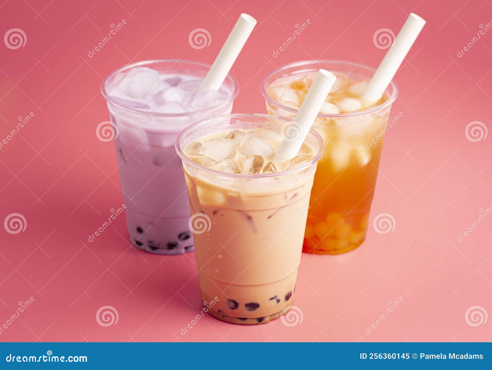 Three Different Types of Boba Tea on a Bright Pink Background Stock ...