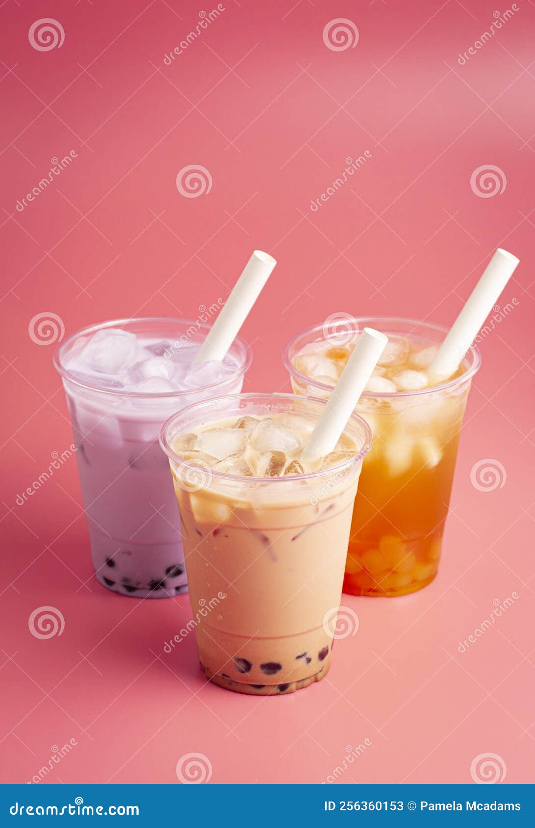 Three Different Types of Boba Tea on a Bright Pink Background Stock ...
