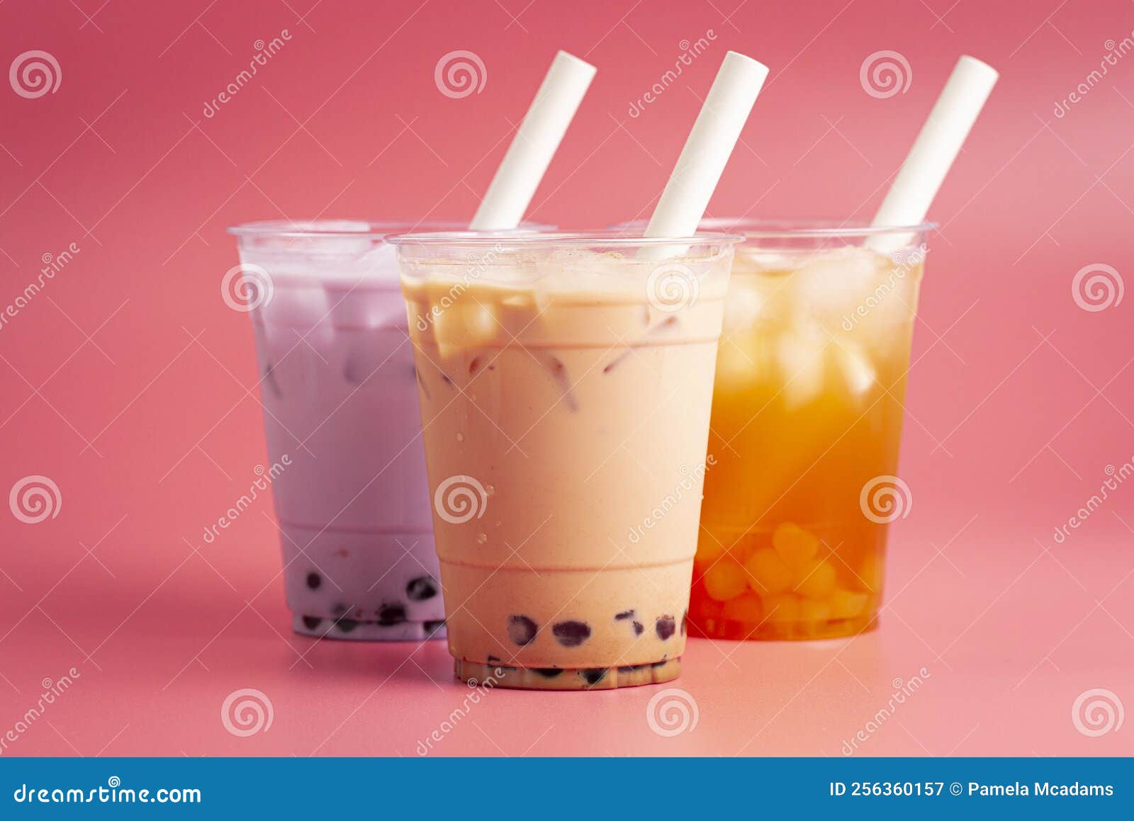 Three Different Types of Boba Tea on a Bright Pink Background Stock ... Three Different Types of Boba Tea on a Bright Pink Background Stock ...