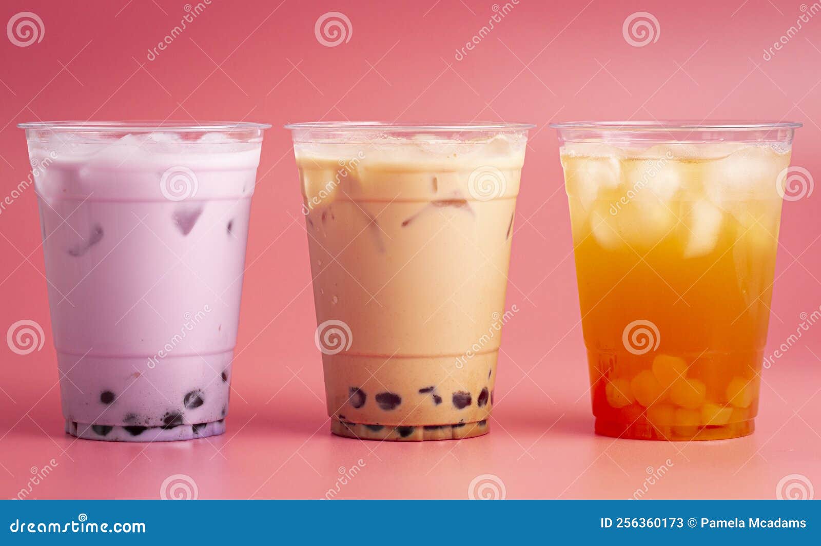 Three Different Types of Boba Tea on a Bright Pink Background Stock ...