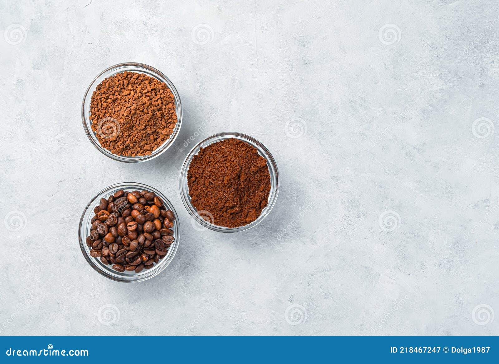 Three Types of Coffee: Granulated, Ground Grain on a Gray Background ...