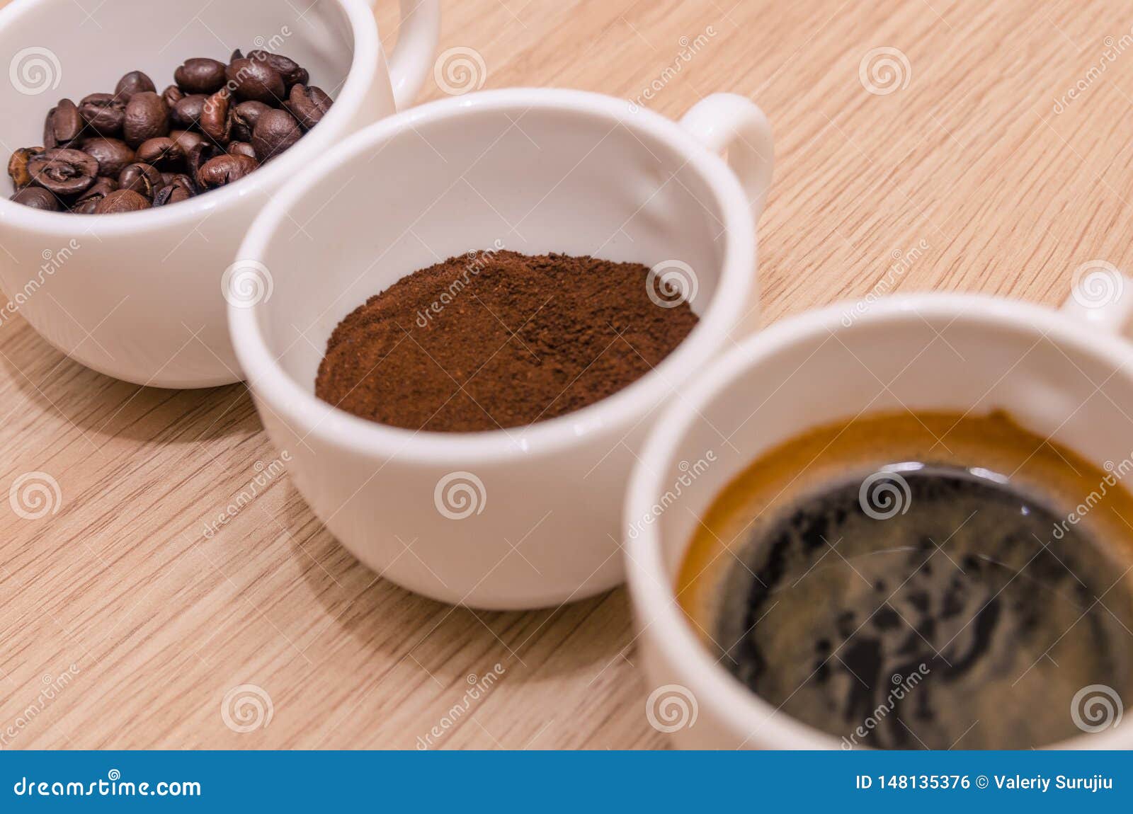Three Types of Coffee - Ground, Grain, Beverage Stock Photo - Image of ...