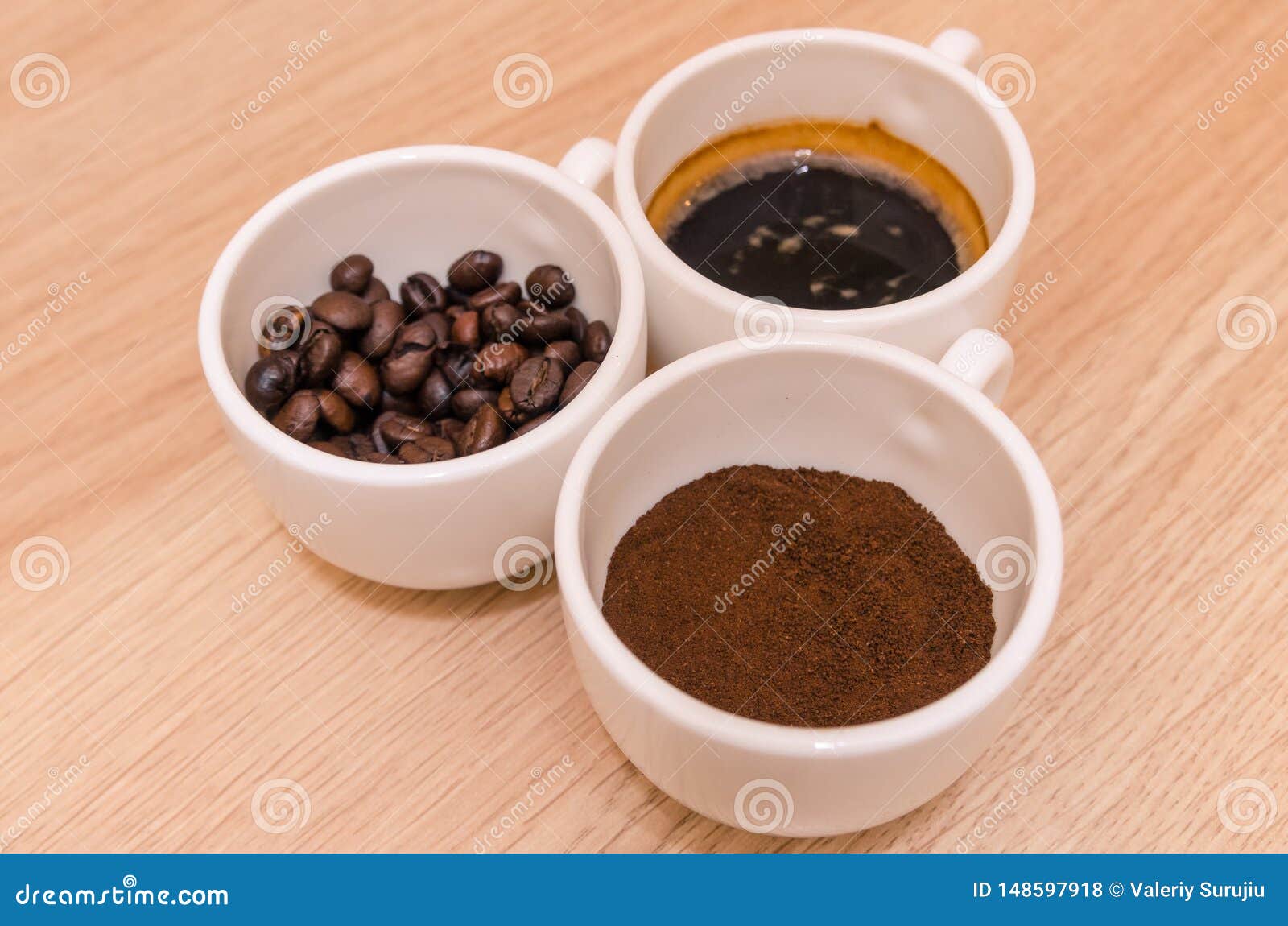 Three Types of Coffee - Ground, Grain, Beverage Stock Photo - Image of ...