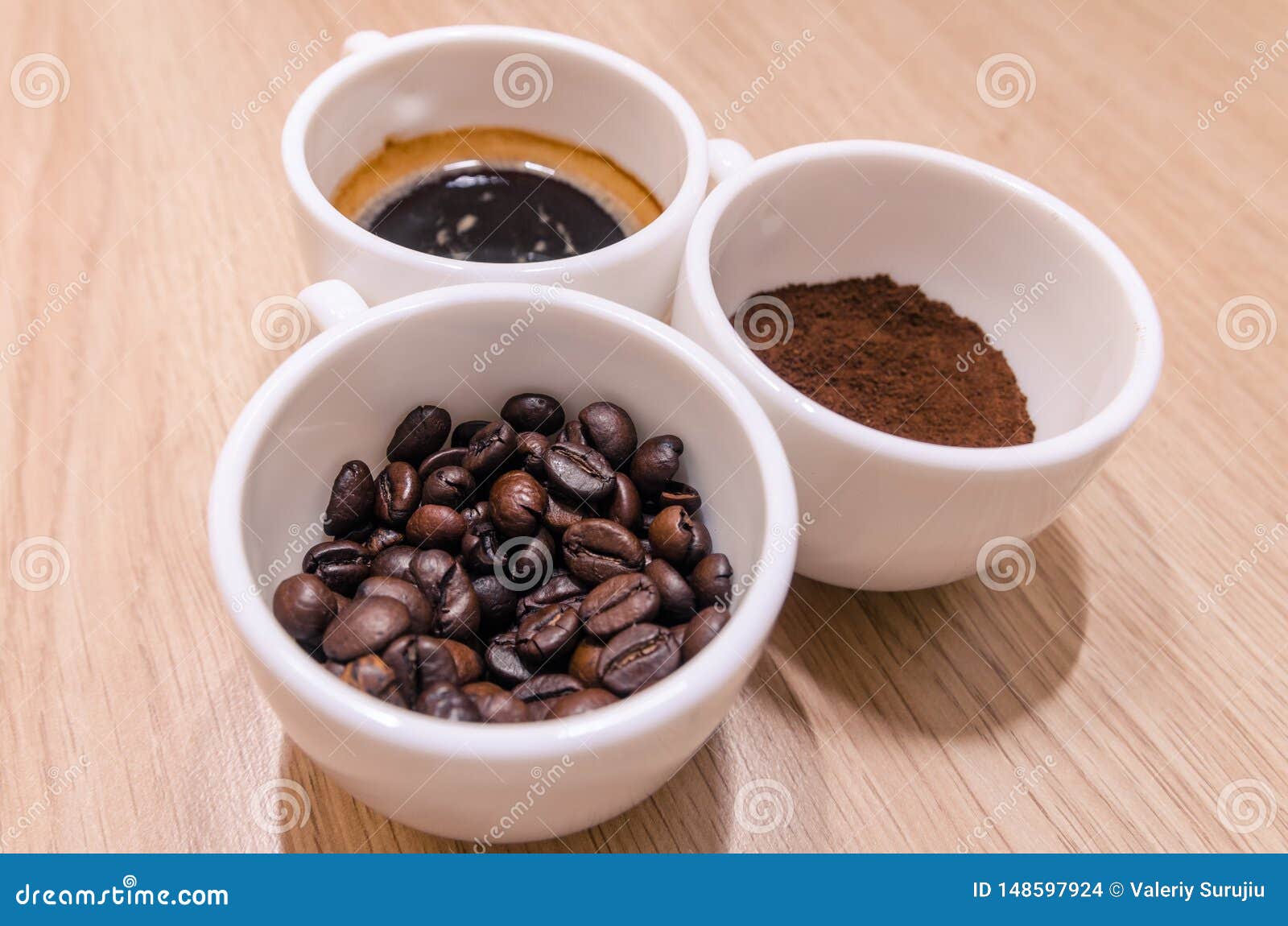Three Types of Coffee - Ground, Grain, Beverage Stock Photo - Image of ...