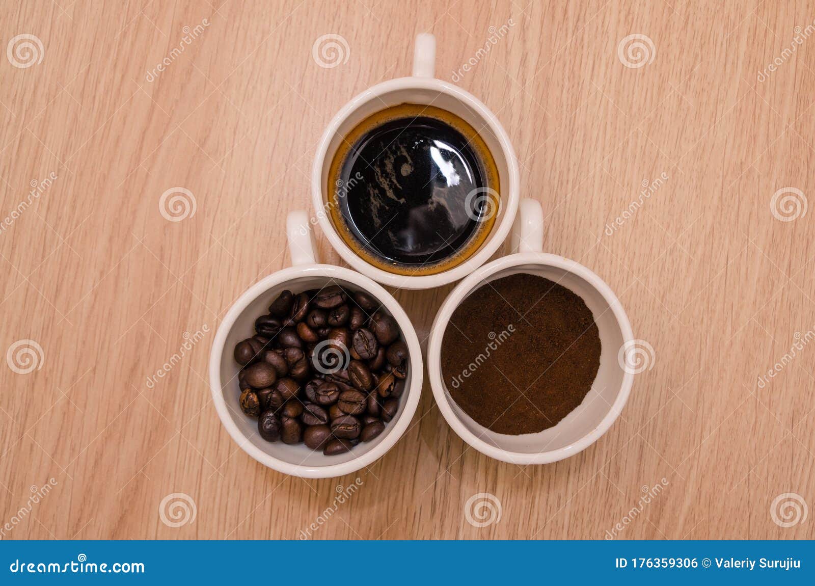 Three Types of Coffee - Ground, Grain, Beverage Stock Photo - Image of ...