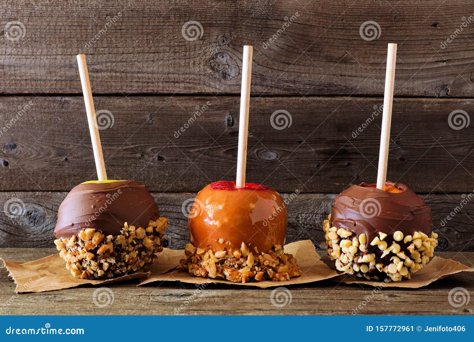 Fall Candy Apples with Chocolate and Caramel, Side View Against Dark ...