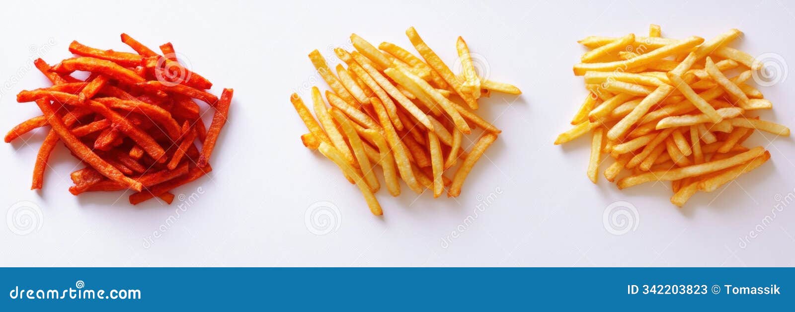 Three Types of French Fries in Different Colors and Textures on White ...