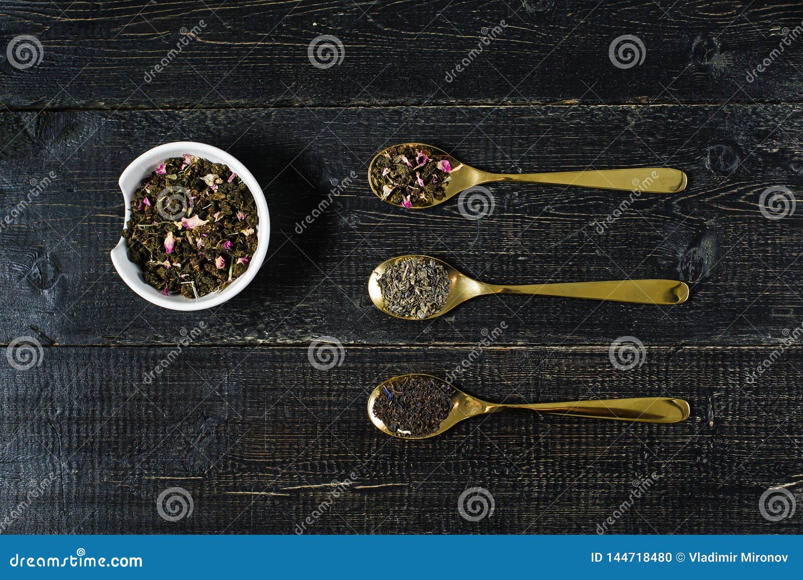 Three Types of Tea in Spoons - Green, Black and Rooibos Stock Photo ...