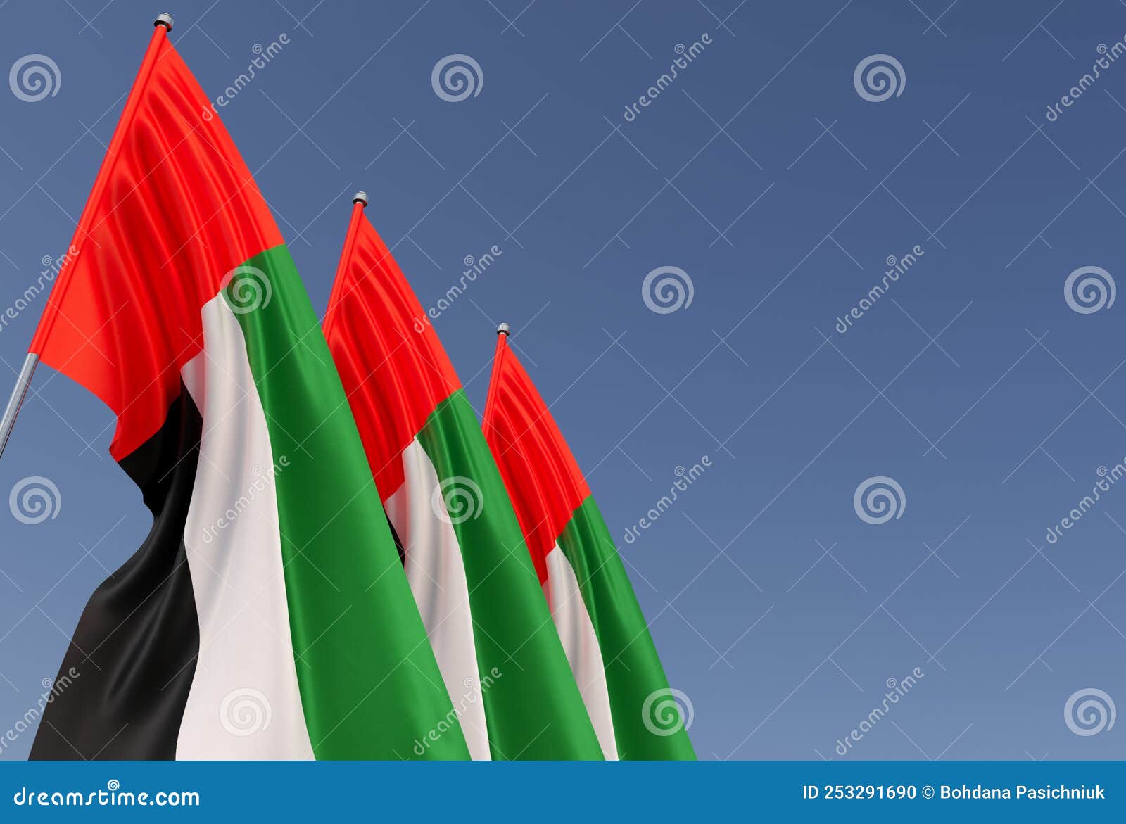Three UAE Flags on Flagpoles on a Blue Background. Place for Text ...