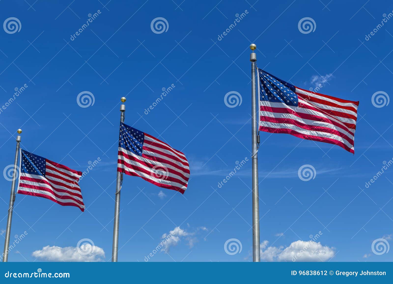 Three US Flags and Bright Blue Sky. Stock Photo - Image of stars, white ...