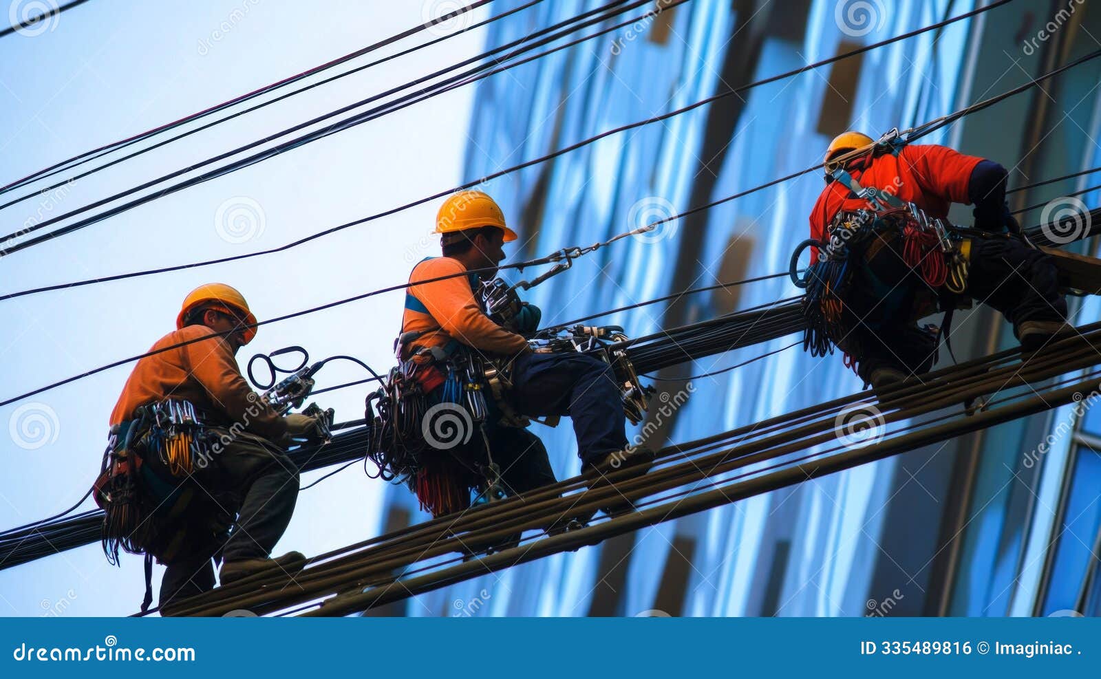 Three Utility Workers on a Power Line Inspection Stock Illustration ...
