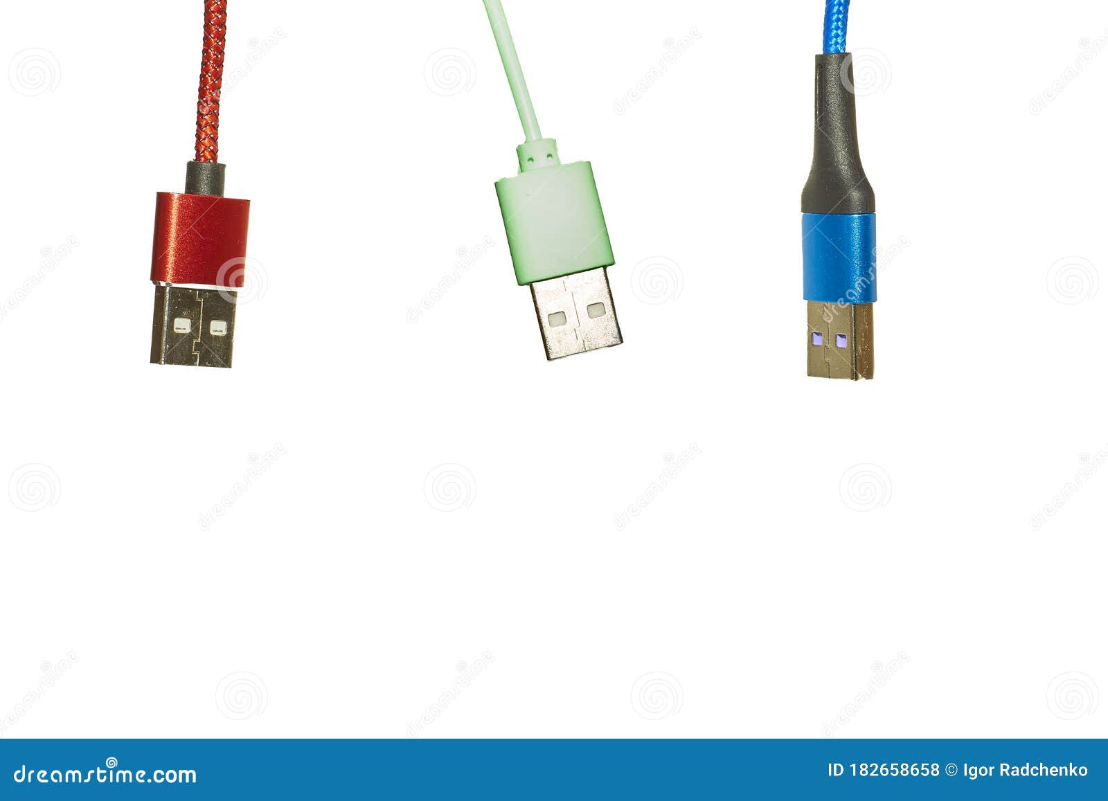 Three Varicolored Universal Serial Bus Cables on a White Background ...