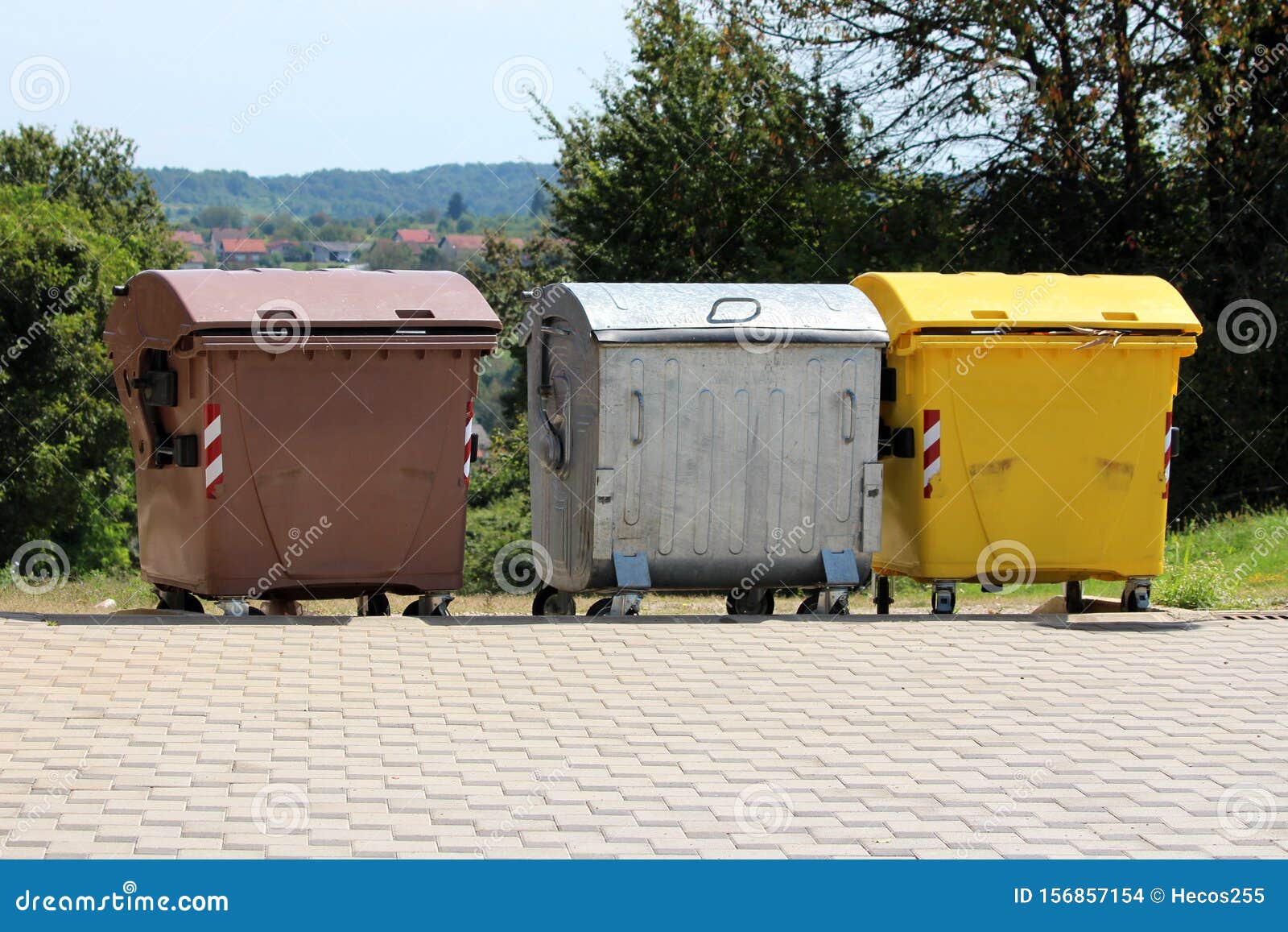 Three Various Large Metal and Plastic Trash Containers for Ecologically ...