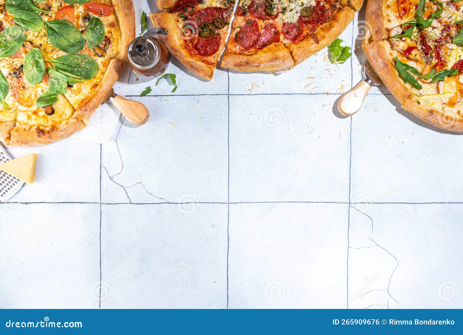 Three Various Served Pizzas Stock Photo - Image of menu, banner: 265909676