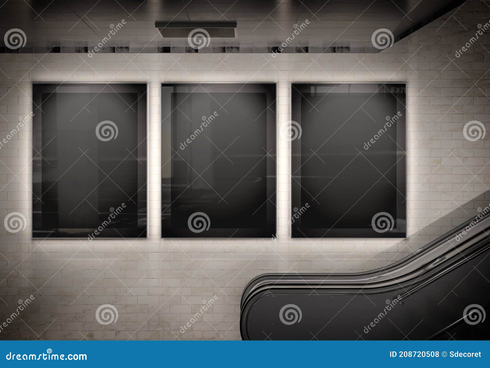 Three Vertical Billboards Glowing on Underground Wall Mockup. Hoardings ...