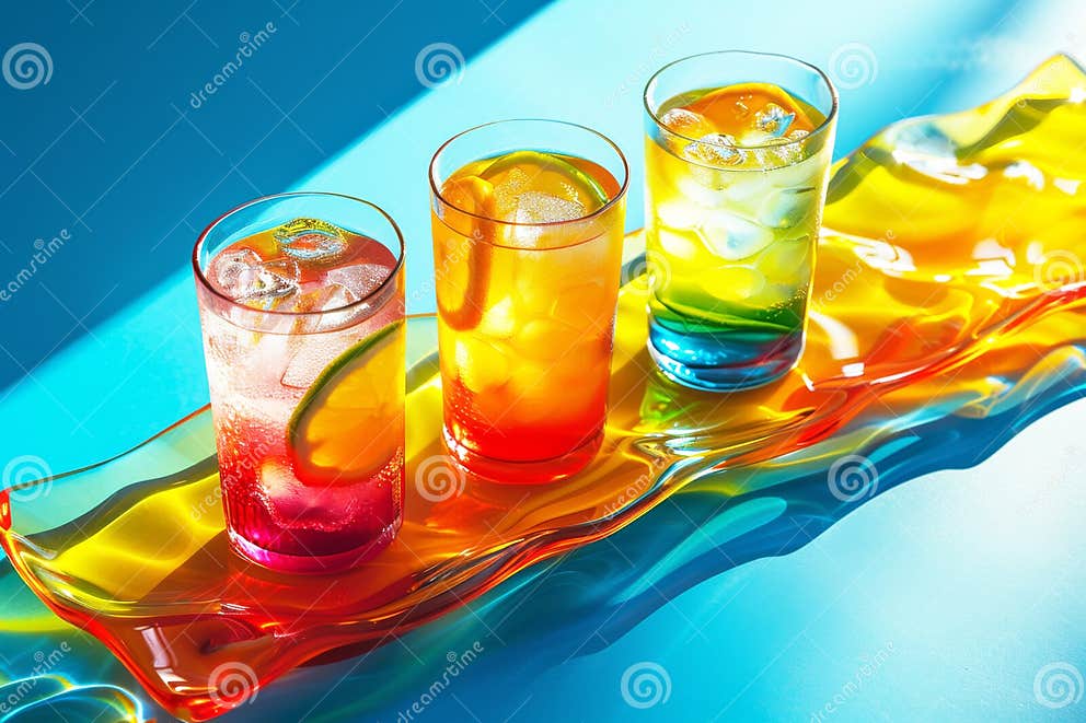 Three Vibrant Gradient Drinks with Citrus and Ice, Aesthetically Placed ...