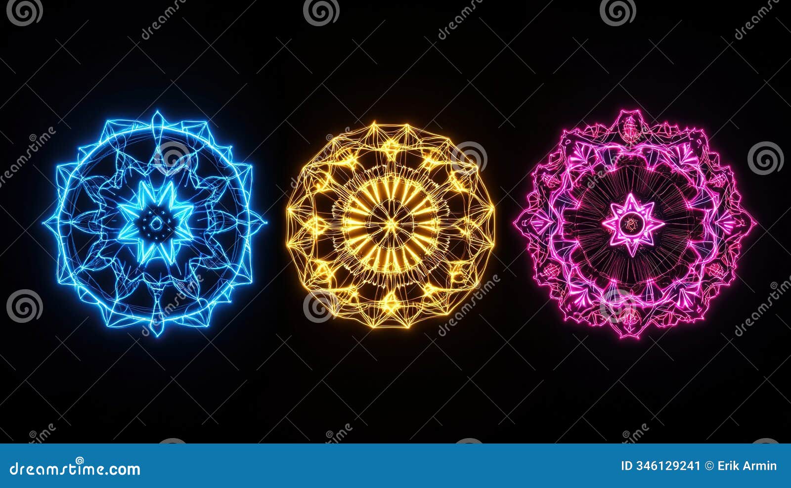 Three Vibrant Neon Mandala Designs Stock Illustration - Illustration of ...
