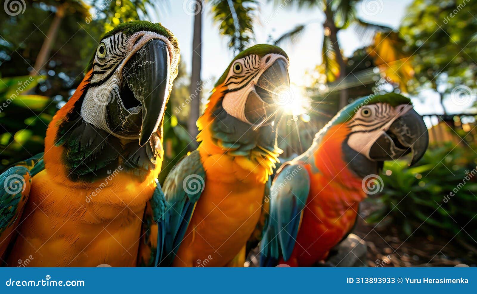 Three Vibrant Parrots of Different Colors Standing Side by Side in a ...