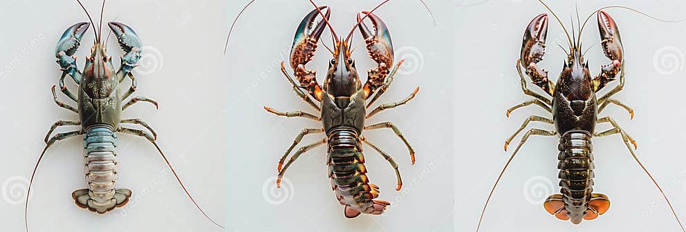 Three Views of Crayfish, One Front View and Two Side Views on a White ...