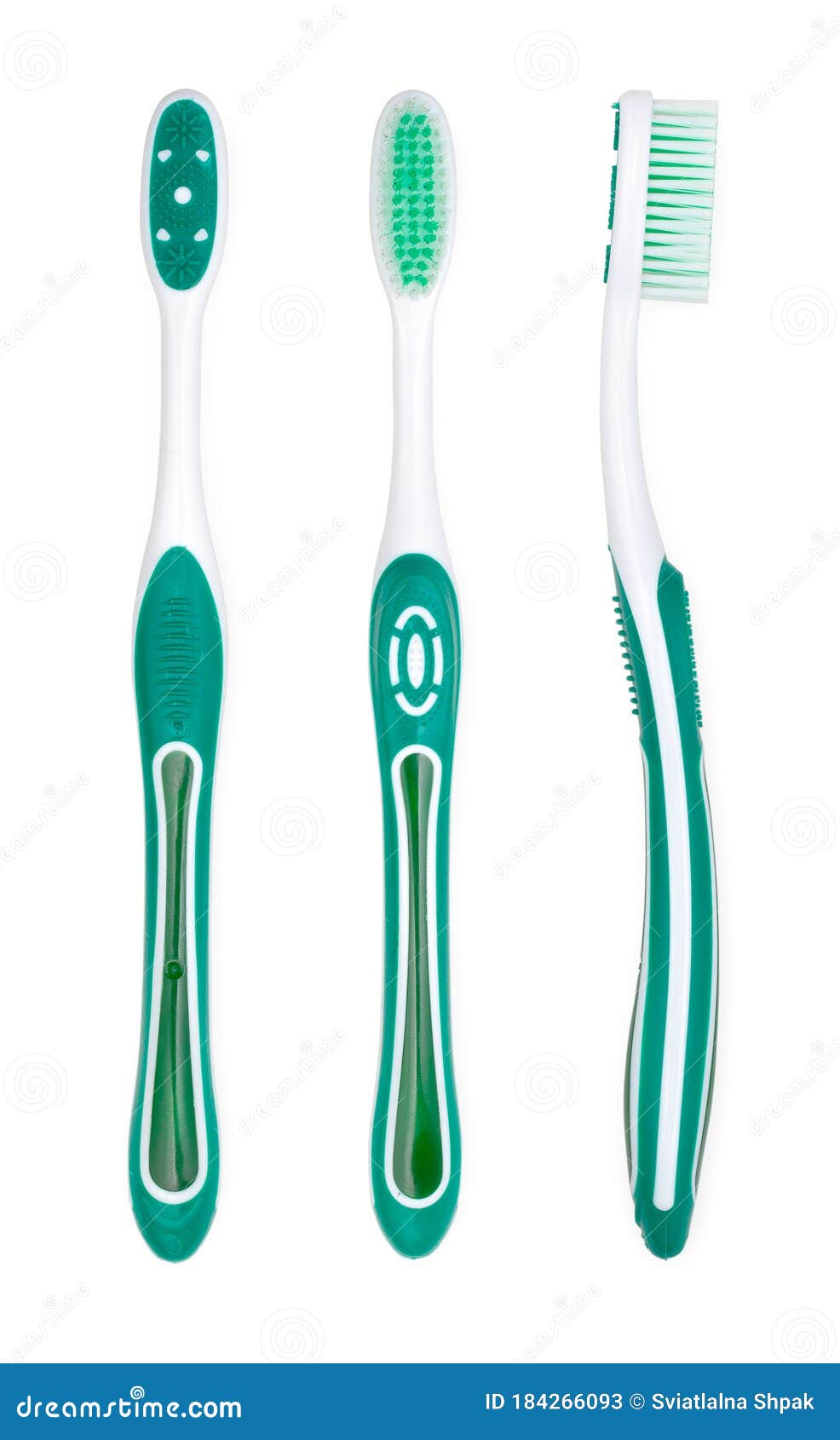 Three Views of Green Toothbrush Isolated on a White Background. Top ...