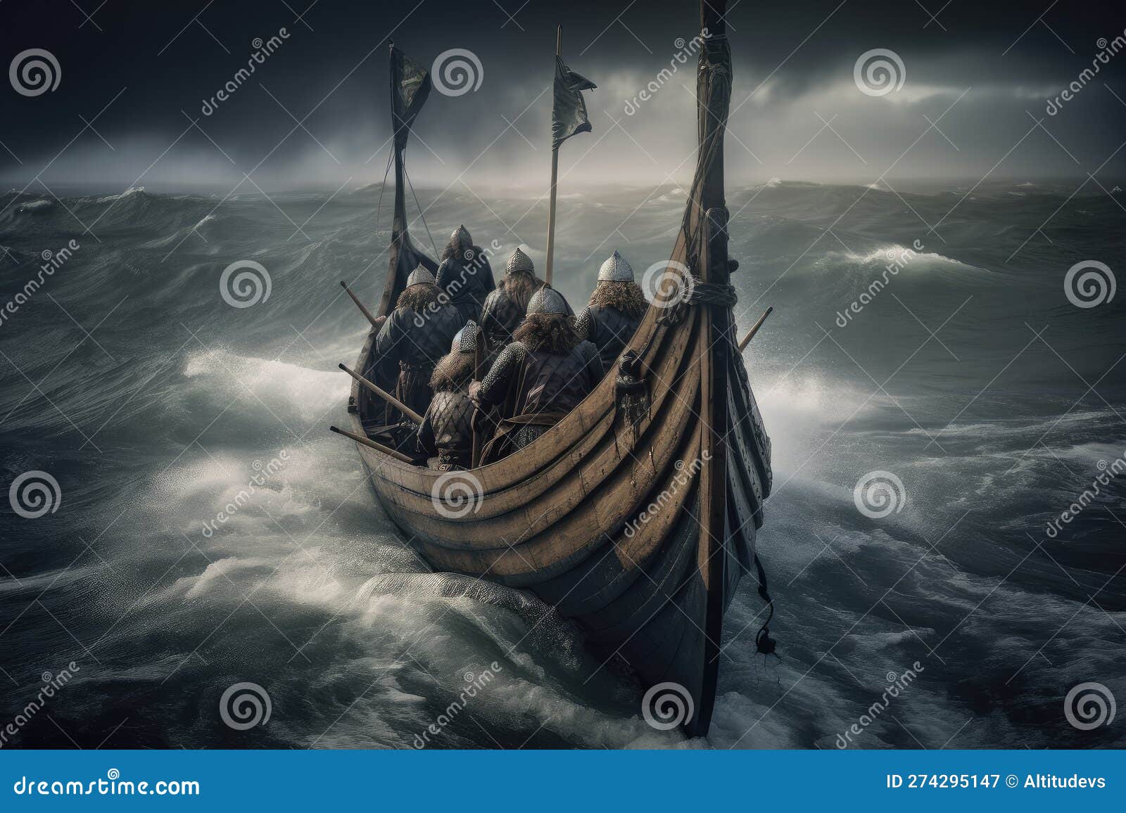 Three Vikings on Their Ship, Navigating Stormy Seas Stock Illustration ...