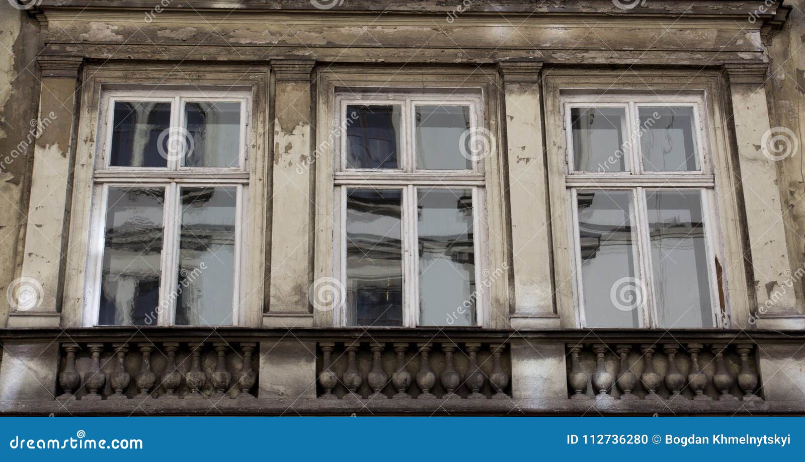 Three Vintage Front Glass Windows of an Old House Stock Photo - Image ...