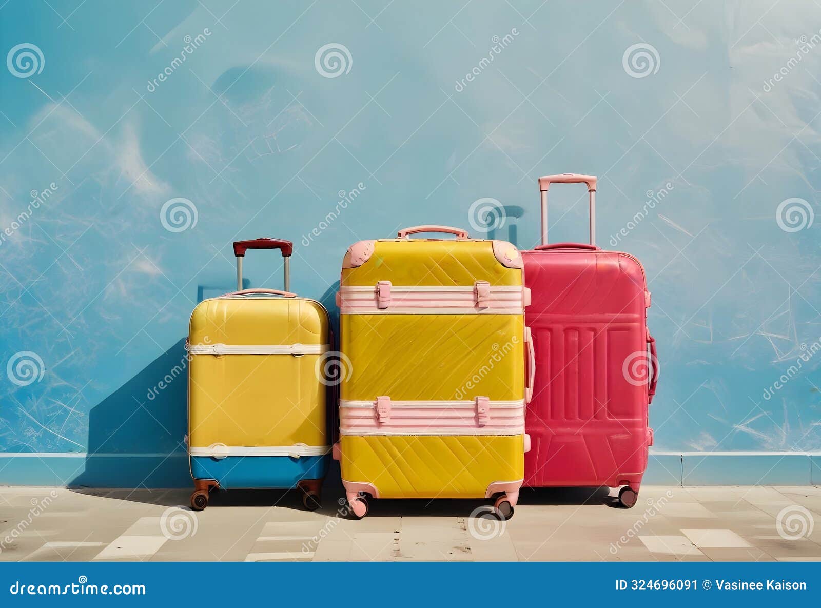 Three Vintage Luggage on the Pastel Blue Color Wall Stock Illustration ...