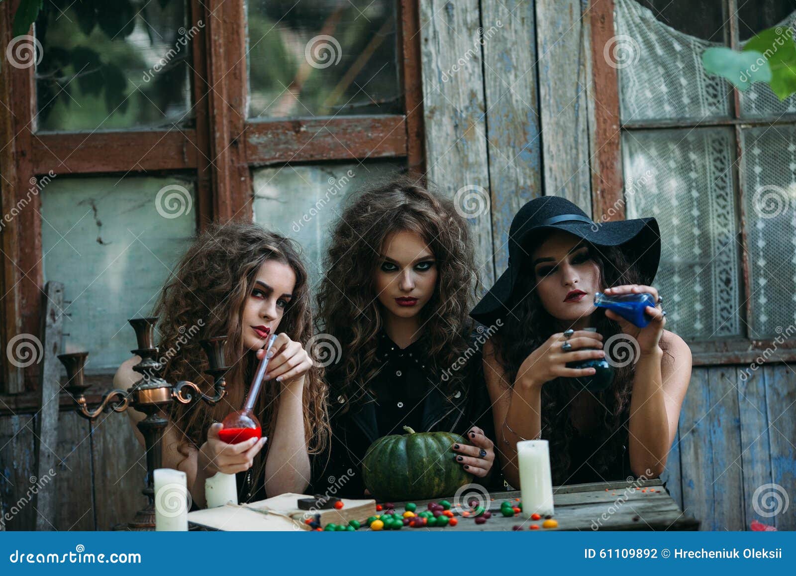 Three Vintage Witches Perform Magic Ritual Stock Photo - Image of ...
