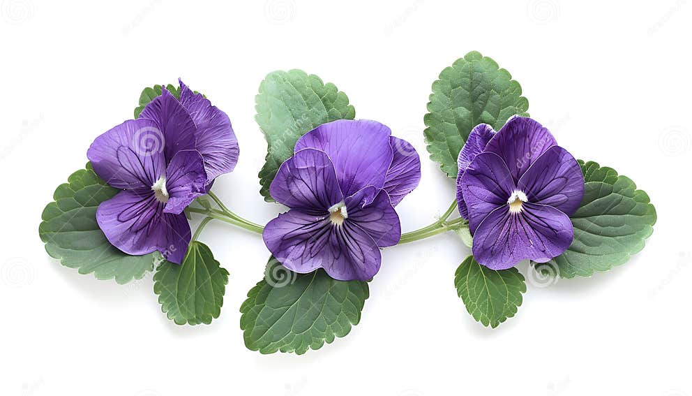 Three Violets and Leaves Isolated on White Background Stock Photo ...