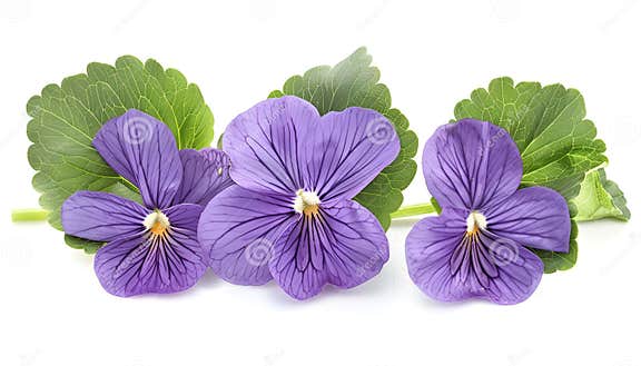 Three Violets and Leaves Isolated on White Background Stock Photo ...