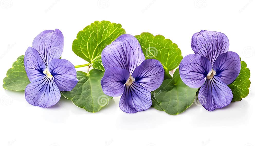 Three Violets and Leaves Isolated on White Background Stock Photo ...