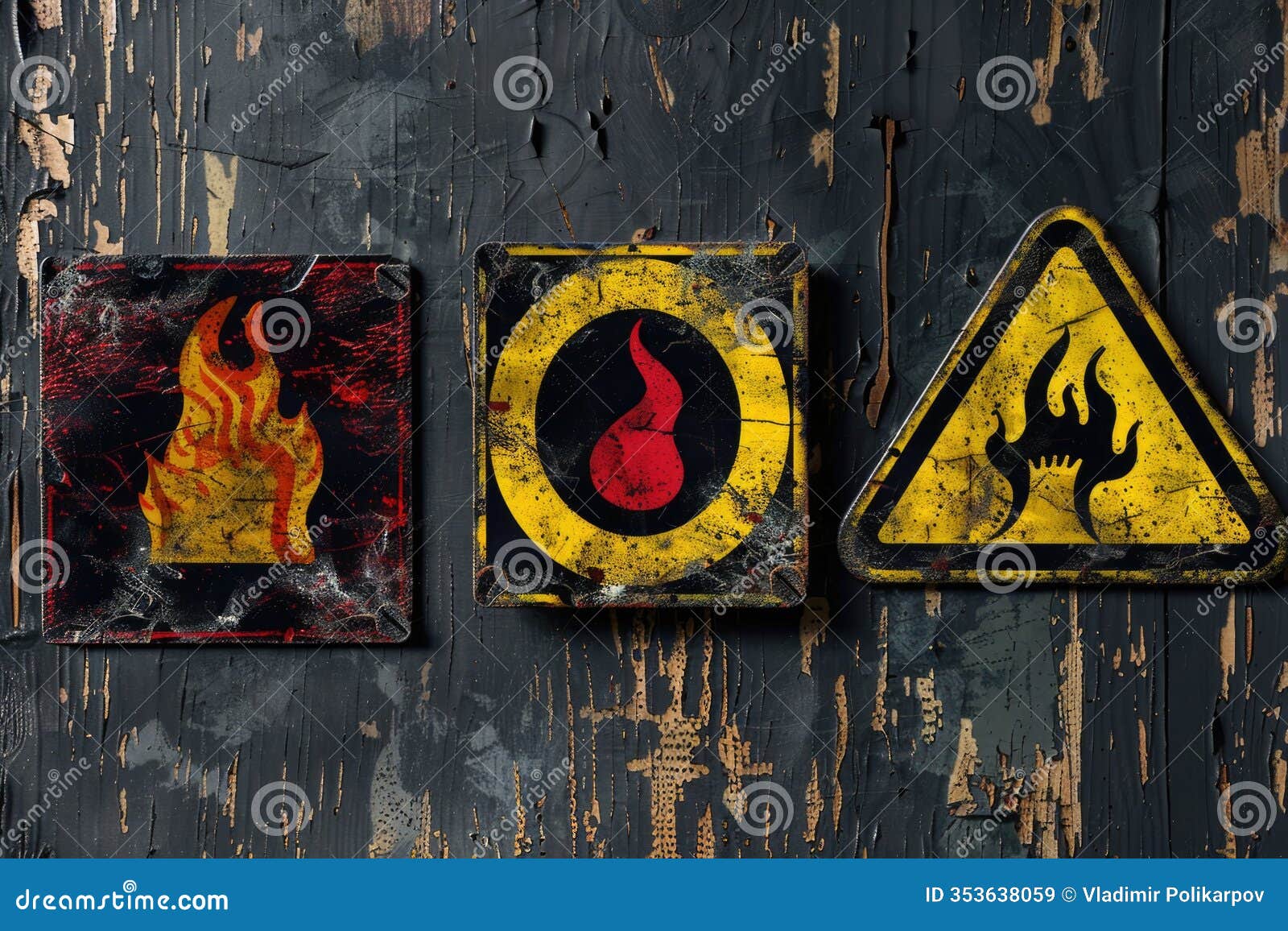 Three Warning Signs on a Wooden Surface. Ideal for Safety and Caution ...